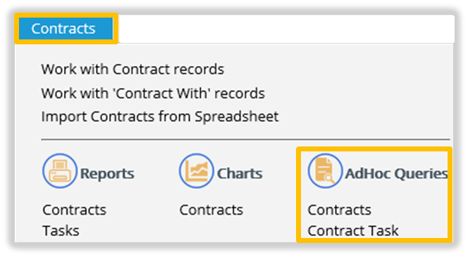 Contracts Adhoc Queries menu options Contracts Adhoc Queries menu options